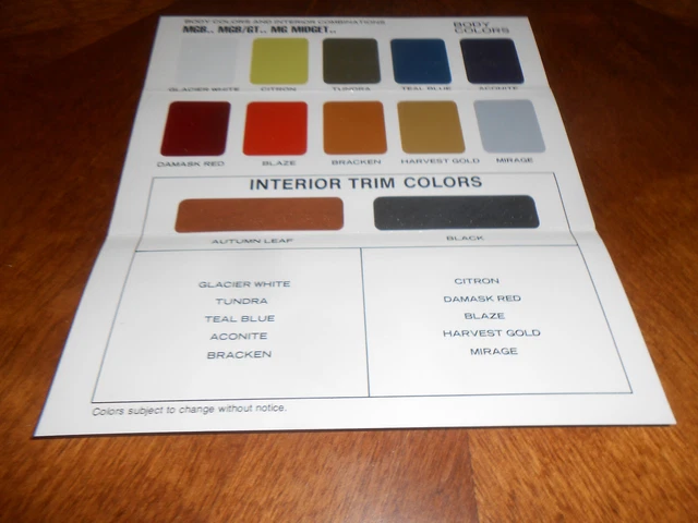 1974 MGB MGB/GT Mg Midget Original Body & Interior Trim Paint Colors ...
