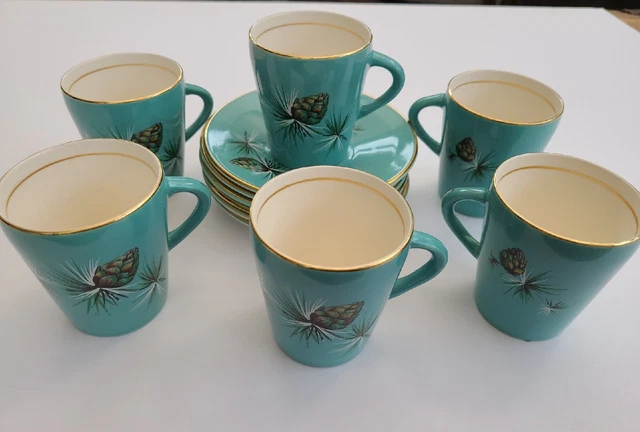 PALISSY ENGLAND 1950S Vintage 6 Coffee Espresso Cups Saucers Set Pinewood Design EUR 34,12 ...