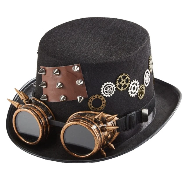 RETRO PUNK TOP Hat with Gear Rivet Chain Goggles Steampunk Hat ...
