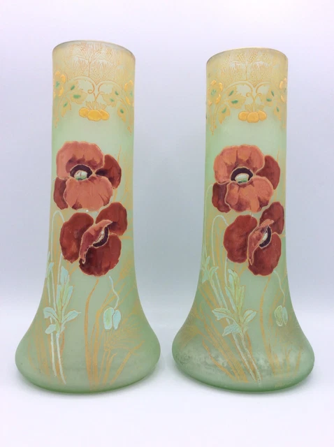 PAIRE DE VASES verre soufflé coloré émaillé décor floral de pavot par Legras EUR 290,00 ...