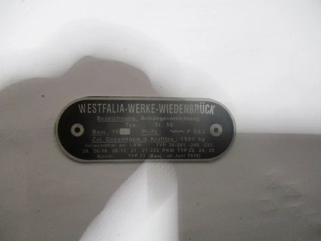 TYPENSCHILD SCHILD WESTFALIA AHK Anhängevorrichtung ID-plate für VW T1 ...