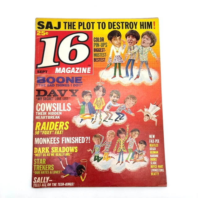 VINTAGE 16 MAGAZINE September 1968 Pin-ups Posters Saj Boone Davy £13. ...