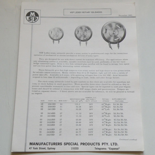 RARE OZ DEC 1965 Msp *Nfs Ledex Rotary Solenoids" 4-Page Engineering ...