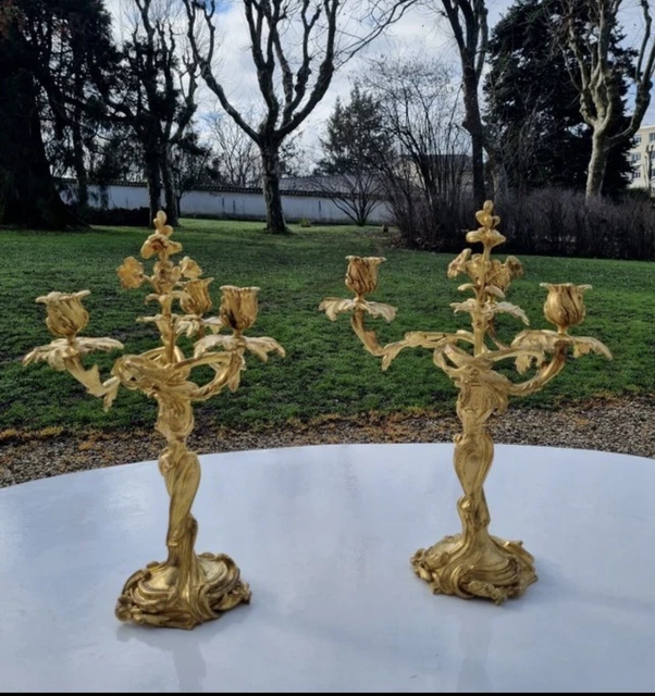 PAIRE DE CANDÉLABRES Bronze Doré Meissonnier Rococo Rocaille Bougeoirs ...