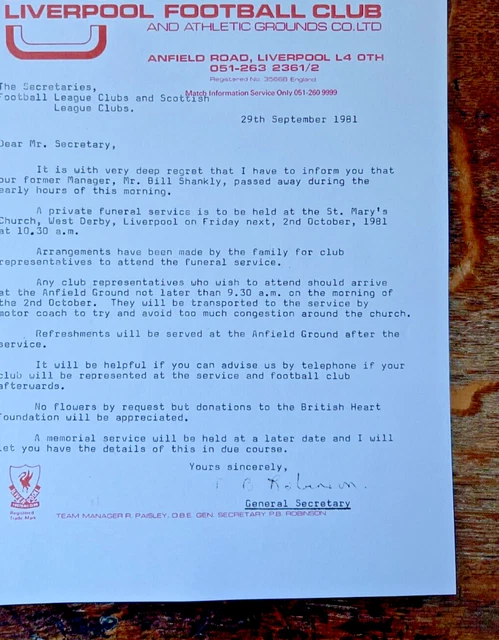 LIVERPOOL FC LETTER - death of Bill Shankly 1981 - copy from Peter ...