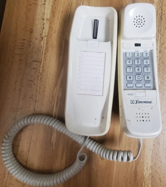VINTAGE TELEPHONE PUSH Button Corded Wall Desk Phone Tan White Emerson ...