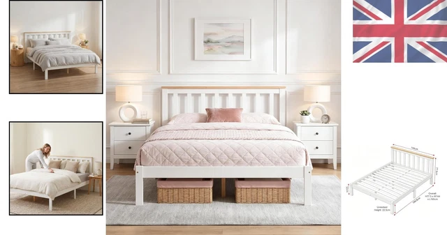 SOLID PINE WOOD Double Bed Frame 4FT6 White with Headboard Modern ...