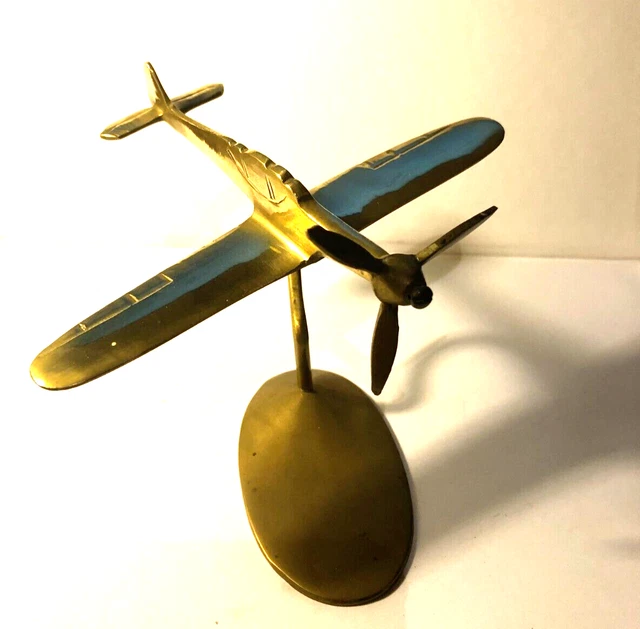VINTAGE BRASS MODEL Of The Iconic 'Spitfire' Aeroplane & Stand Rotating ...