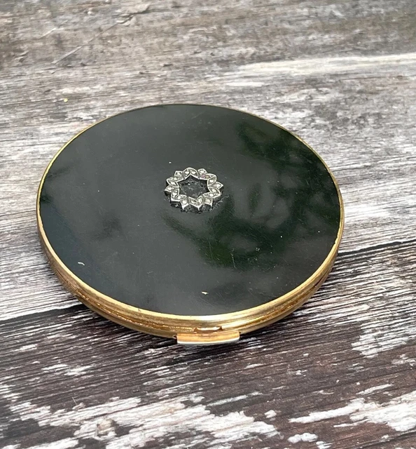 STRATTON POWDER COMPACT & Mirror Vintage 1950’s Black Enamel Gold Tone ...