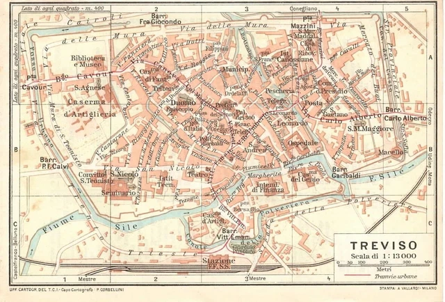 CARTA GEOGRAFICA ANTICA TREVISO piccola pianta della città TCI 1937 ...