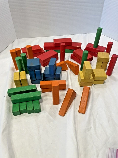 VINTAGE WOODEN BUILDING Blocks Various Shapes & Colors Child Play Lot ...