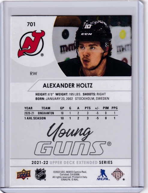 2021-22 UPPER DECK Rookie Young Guns #701 Alexander Holtz YG RC #3 $10. ...