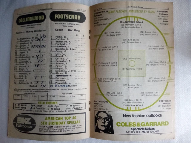 VFL FOOTBALL RECORD July 19 , 1975 Collingwood V. Footscray At Victoria ...