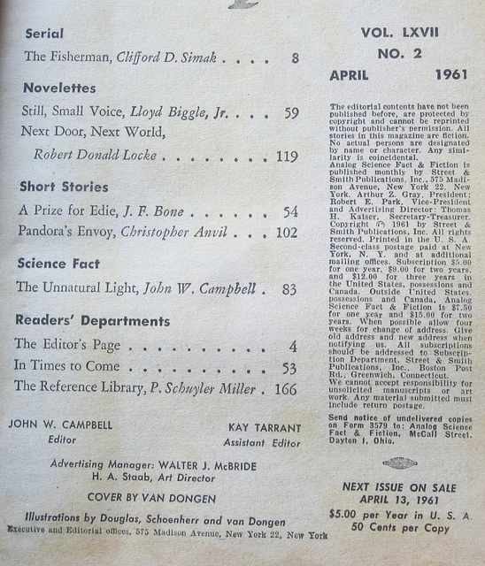 ANALOG SCIENCE FACT & Fiction Magazine April 1961 Good Digest Clifford ...