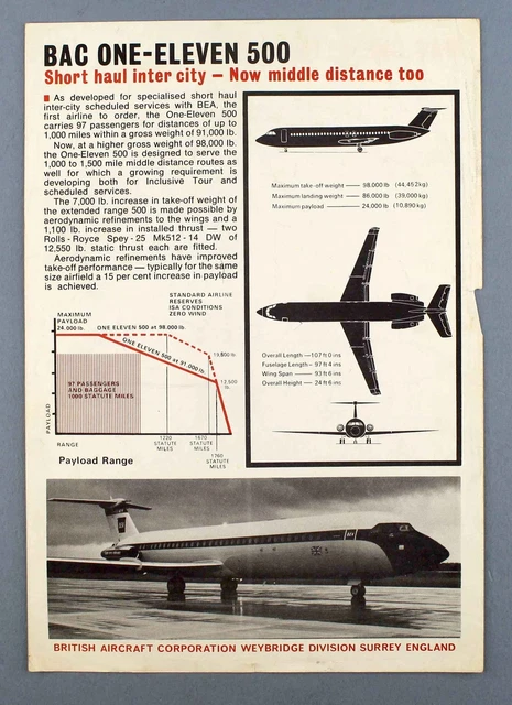 BAC 1-11 500 Manufacturers Sales Brochure One-Eleven Seat Map Bea Bua ...