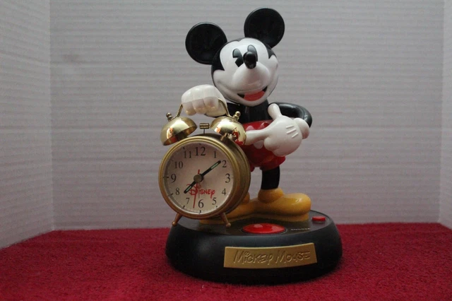 DISNEY MICKEY MOUSE Animated Talking Alarm Gold Clock Black Base 10" H ...