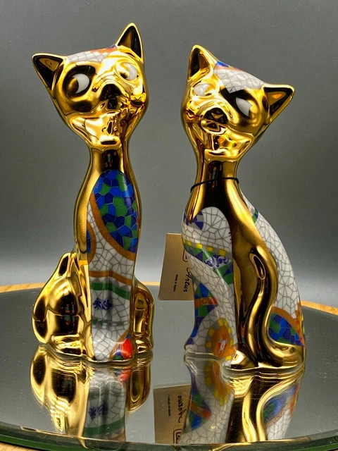 VINTAGE 24K GOLD plated two cats porcelain figurines Gual Art with ...