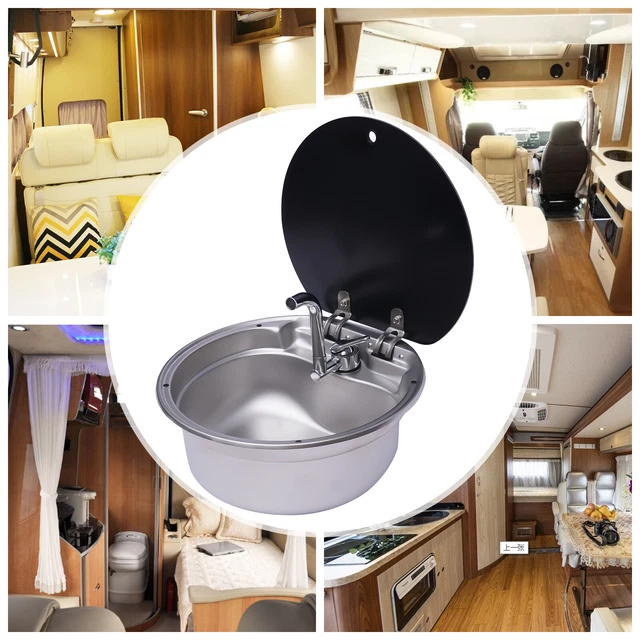 STAINLESS STEEL RV Hand Wash Basin Kitchen Sink w/ Lid & Tap Caravan ...