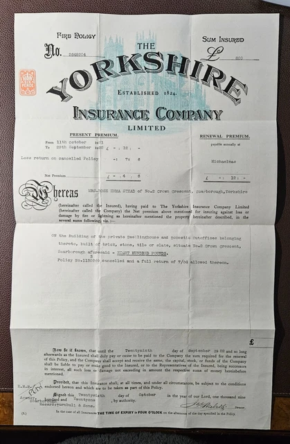 1921 LARGE YORKSHIRE Insurance Fire Policy Document to Stead ...