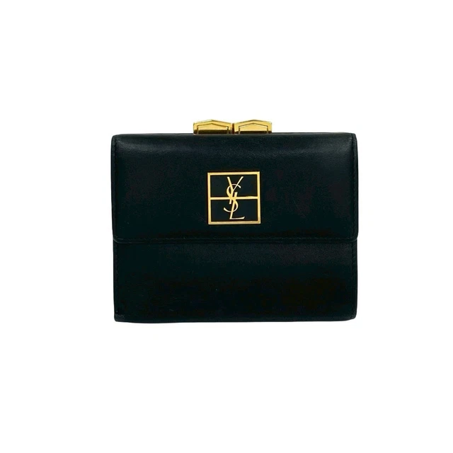 YVES SAINT LAURENT Vintage YSL Logo Metal Clasp Leather Bifold Wallet ...