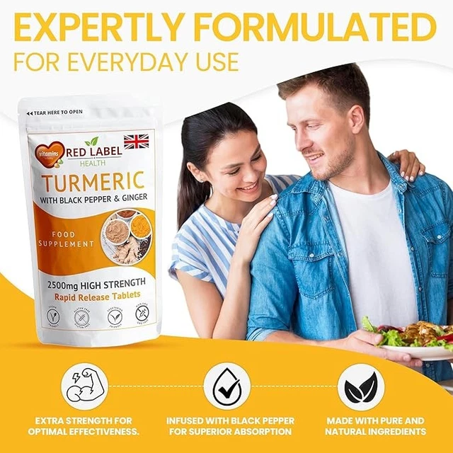 RED LABEL TURMERIC Tablets 2620mg with Black Pepper & Ginger 30 Vegan ...
