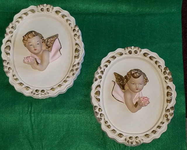 VINTAGE 1960S CHALKWARE Cherub Plaques Mid Century Kitsch Wall Decor £ ...