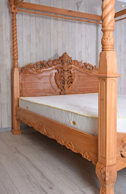 FOUR POSTER BED Antique Mahogany Wood Bed Double Bed Canopy Columns ...