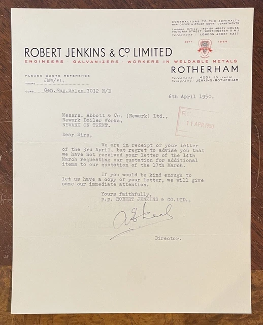 1950 ROBERT JENKINS & Co., Engineers & Galvanizers, Rotherham Letter £4 ...