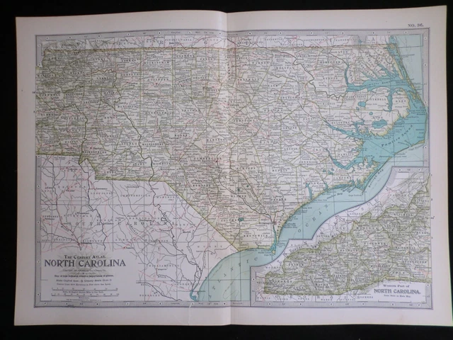 EDWARDIAN NORTH CAROLINA, America, USA Map (1902) ex Century Atlas of ...