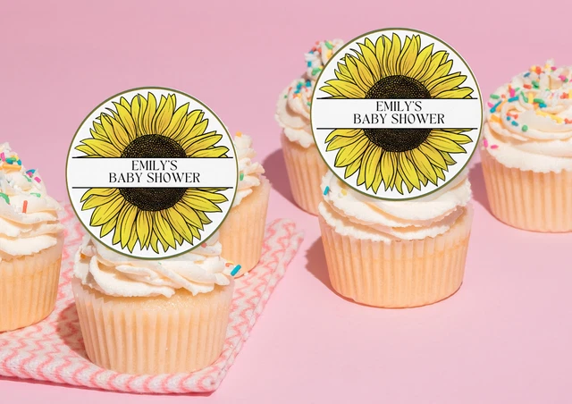 20 X EDIBLE personalised SUN FLOWER cupcake toppers/Baby shower ...