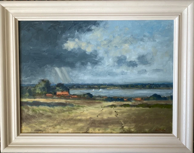 OIL PAINTING, LANDSCAPE, Estuary, Storm, Fields, Water, Framed, David ...