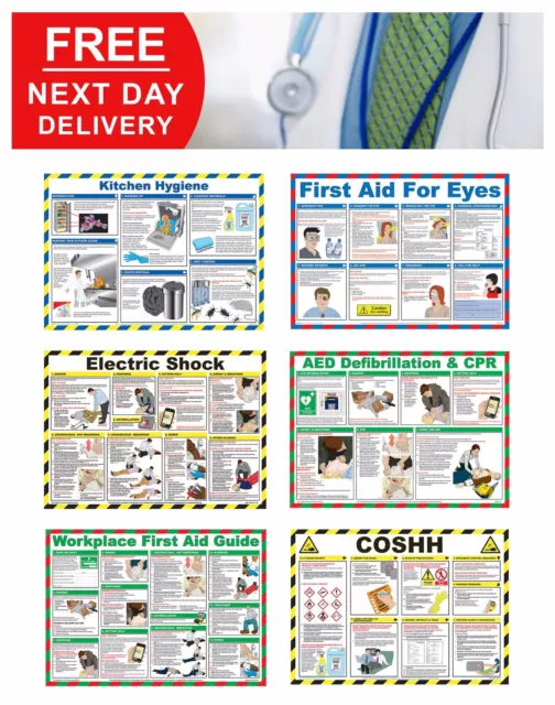 FIRST AID LAMINATED Health & Safety Posters A2 Landscape Durable Hazard ...