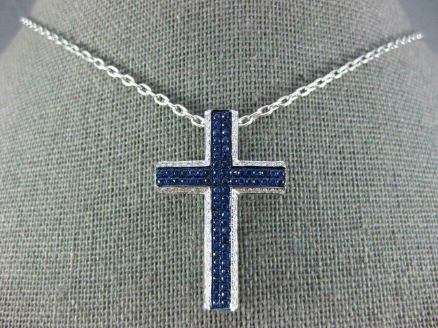 ZAFFIRO NATURALE 2CT Rotondo Donna Croce Ciondolo 14K Bianco Oro ...