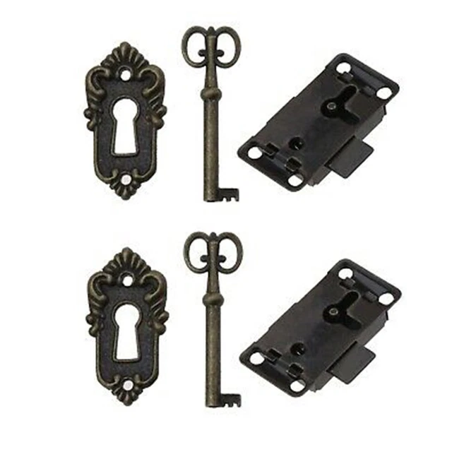 VINTAGE CABINET DOOR Lock Set Key Decorative Cover Curio with Bronze ...