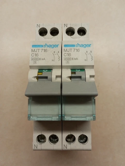 HAGER MJT716 LOT De 2 DISJONCTEURS Mono 2P COURBE C, 16AMPERES 16A P.Coupure 6KA EUR 20,00 ...