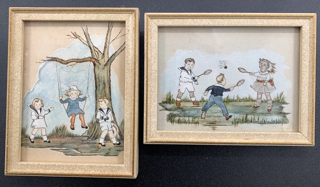 ANTIQUE MINIATURE WATERCOLOURS - Children Playing Naïve 1920s 30s ...