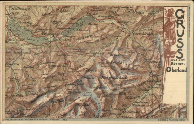 DÉTAILLÉ TOPOGRAPHIE CARTE Gruss Aus Dem Berner Oberland Bernois c1900 Postale EUR 16,36 ...