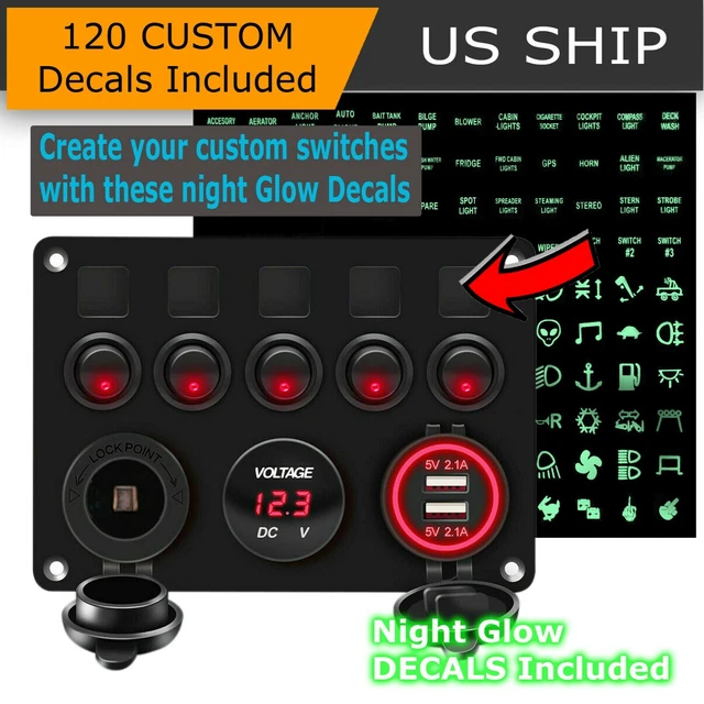 5 GANG RED LED Light ON-OFF Toggle Switch Control Panel For Car Boat ...