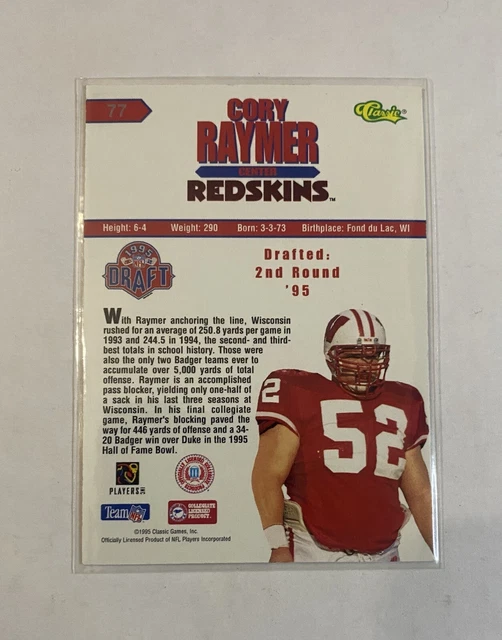 1995 CLASSIC NFL Rookies argent Cory Raymer #77 RC Washington Redskins ...