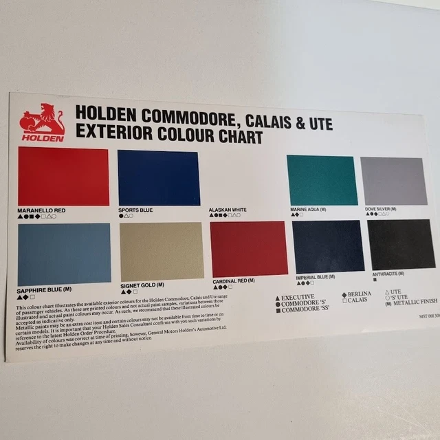 ORIGINAL HOLDEN COMMODORE VN Exterior Body Colour Chart Incl. SS Atlas ...