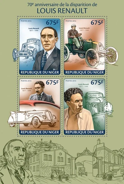 CARS STAMPS NIGER 2014 MNH Louis Renault 70th Memorial Anniv 4v M/S £4. ...