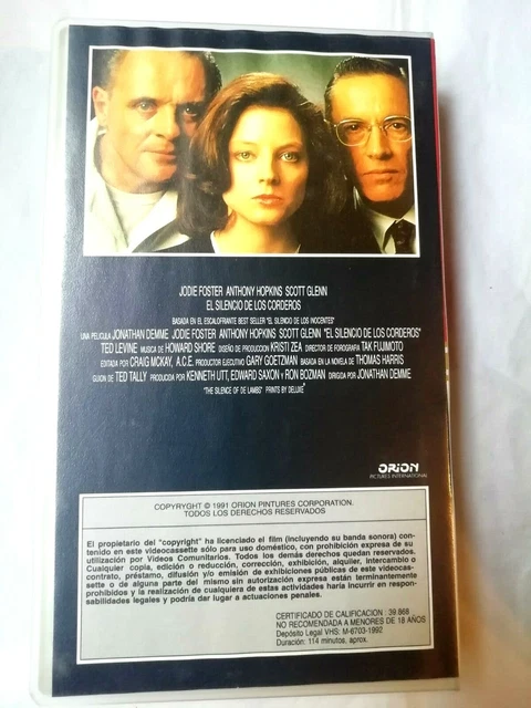 THE SILENCE OF the Lambs Tape VHS Jodie Foster/Anthony Hopkins / Acott ...