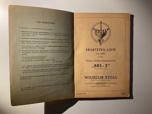 ORIGINAL STOLL ERSATZTEILLISTE Rüben-Vollerntemaschine BRS 2 von 1956 ...