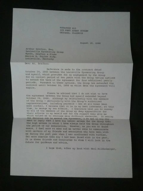 MUHAMMAD ALI LETTER To His Sponsoring Group Saying He'll Not Renew The ...