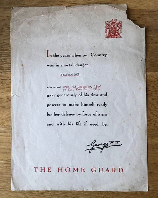 ORIGINAL WW2 HOME Guard Service Certificate Letter - William Rae 1940 ...
