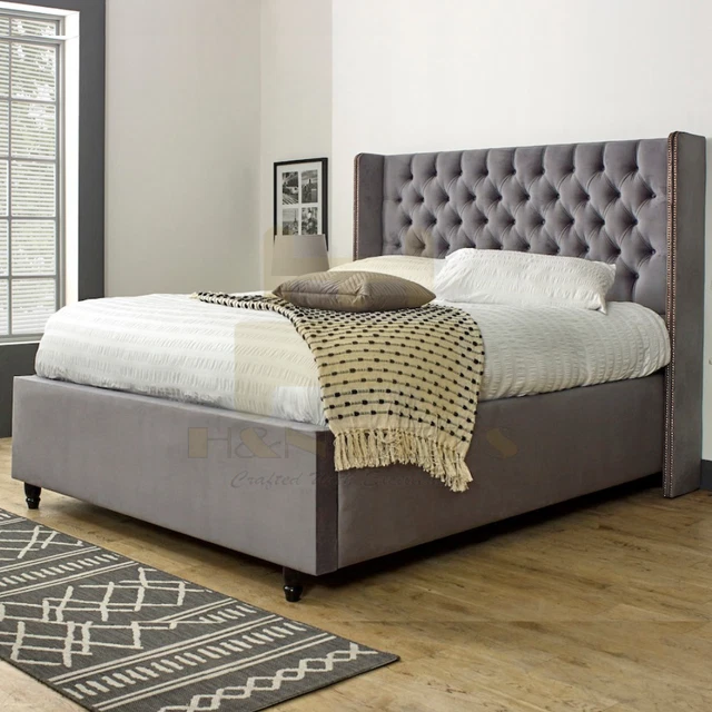 CHESTERFIELD WINGED BED Frame Upholstered Plush Velvet Double Gas Lift ...