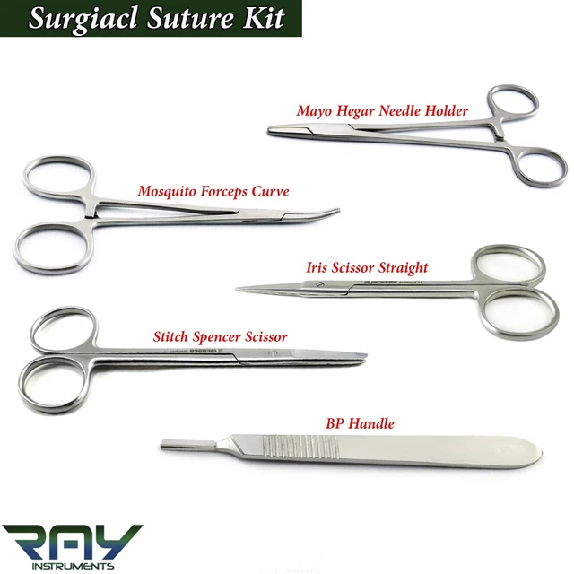 SURGICAL SUTURE KIT Needle Holder Forceps Mosquito Iris Scissors ...