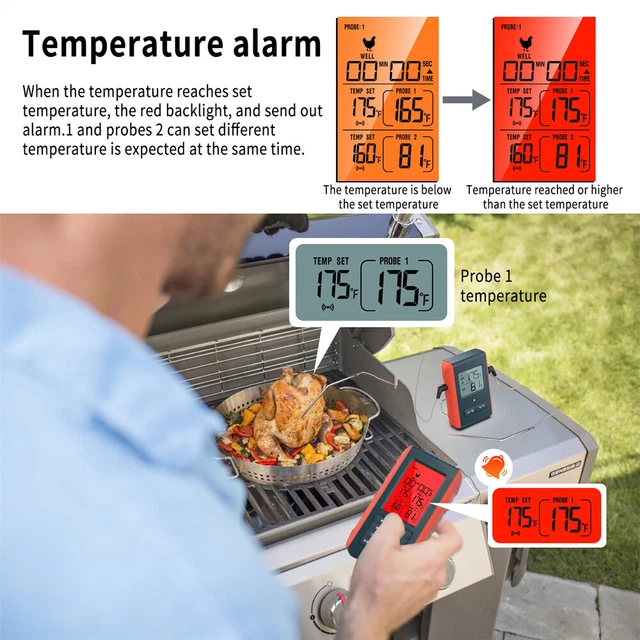 DIGITAL WIRELESS REMOTE Meat Thermometer Cooking 2 Probes Oven BBQ ...