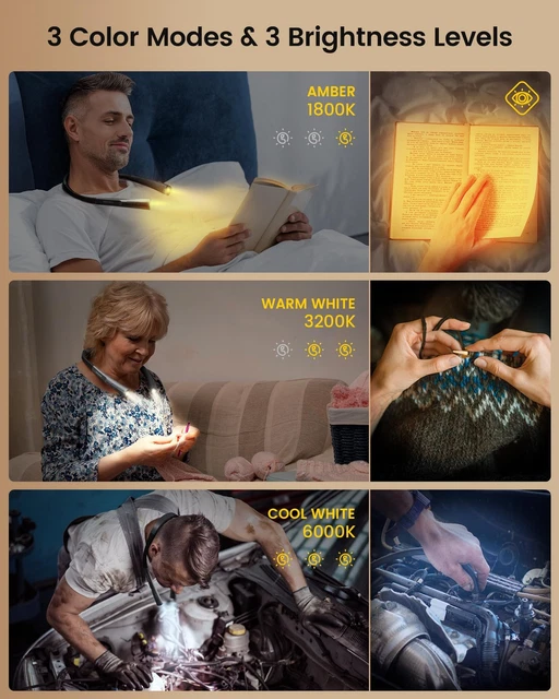 NECK LIGHT READING Lights for Books in Bed 30 min Timer 3 Colors & 3 ...