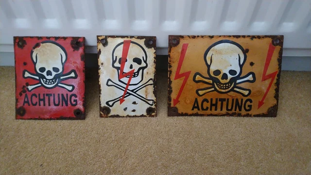 WW2 GERMAN PORCELAIN high voltage warning mine signs skull crossbone ...